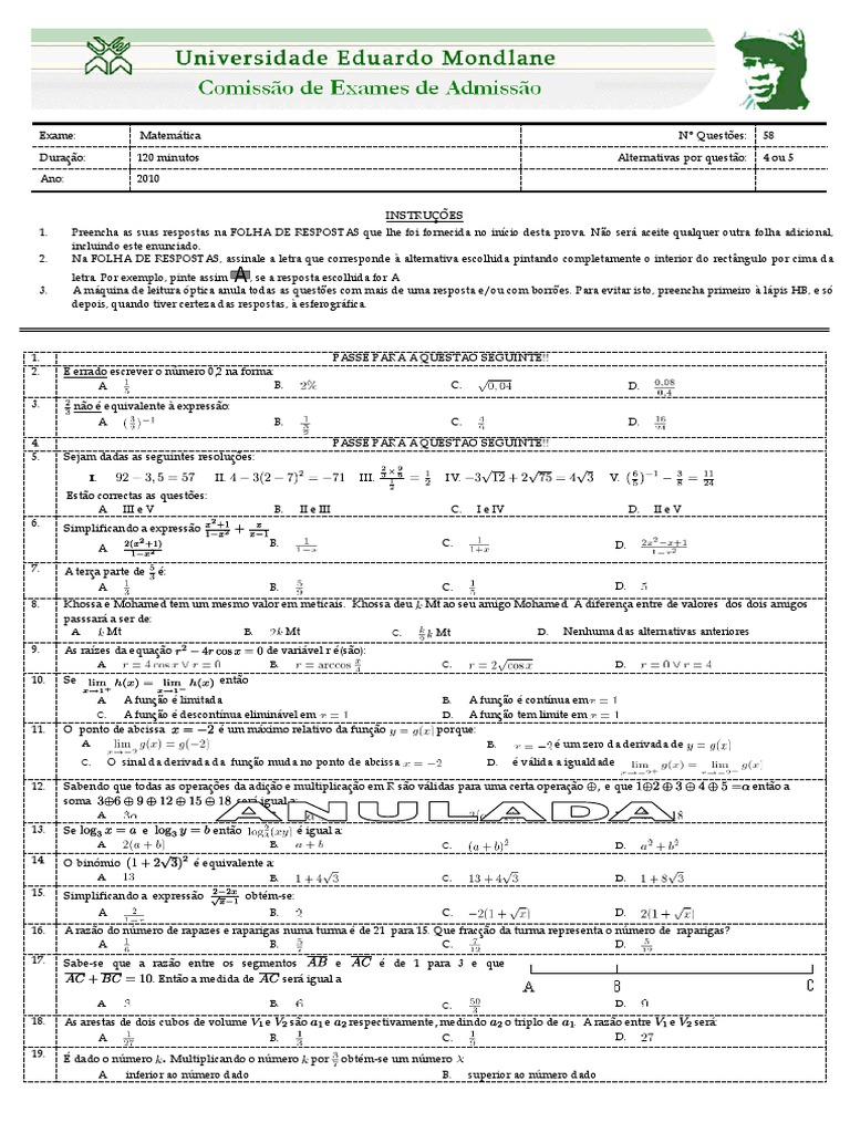 Exames de Admissão UEM Matemática - 2010 | PDF