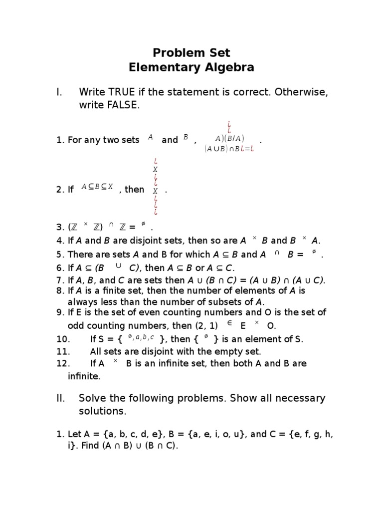 Elementary Algebra Problem Set | PDF | Empty Set | Set (Mathematics)