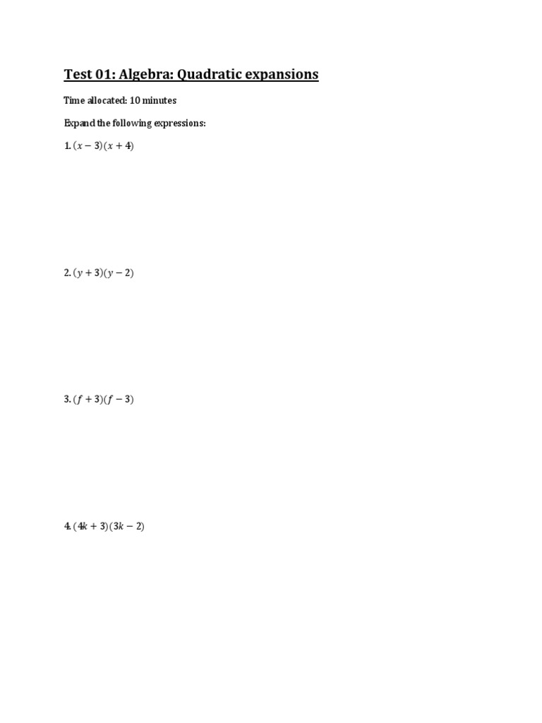 Quadratic Expansion Test Exercises | PDF