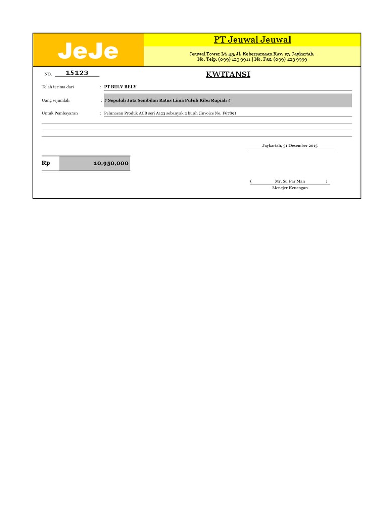 Contoh Template Kwitansi Excel Sederhana | PDF