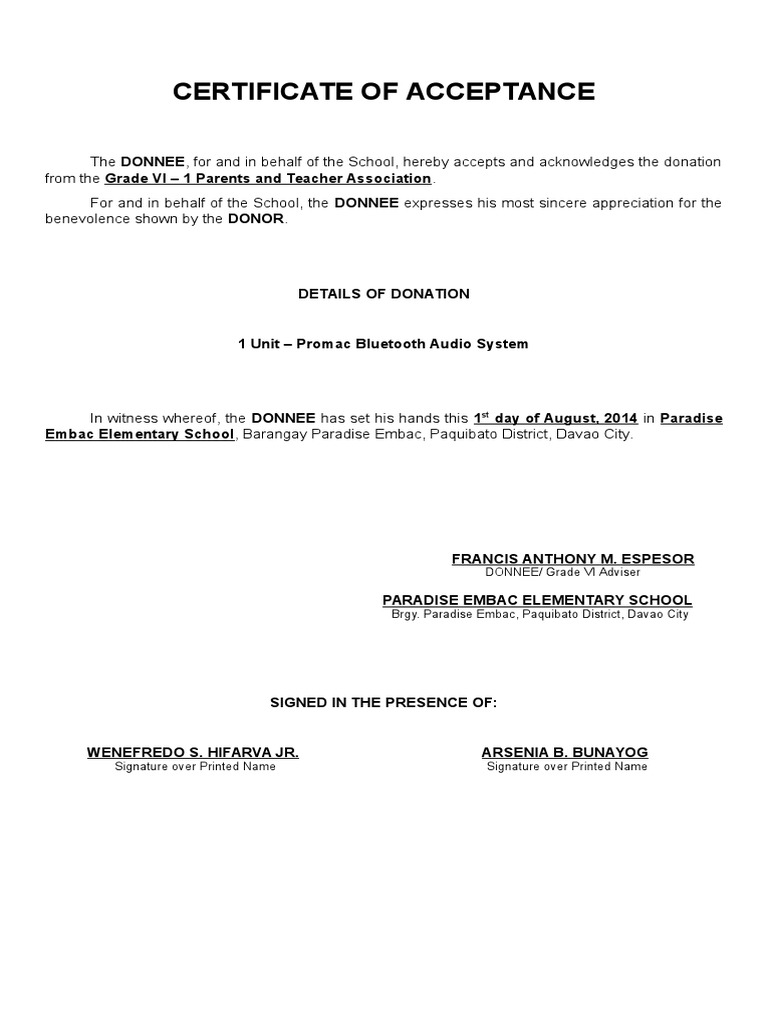 Certificate of Acceptance | PDF