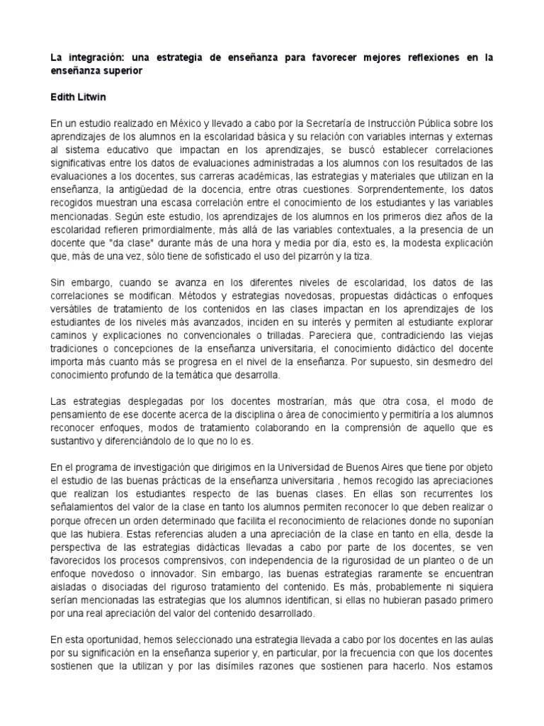 Resumen del texto "La Integración." Edith Litwin | PDF | Comprensión | Conocimiento