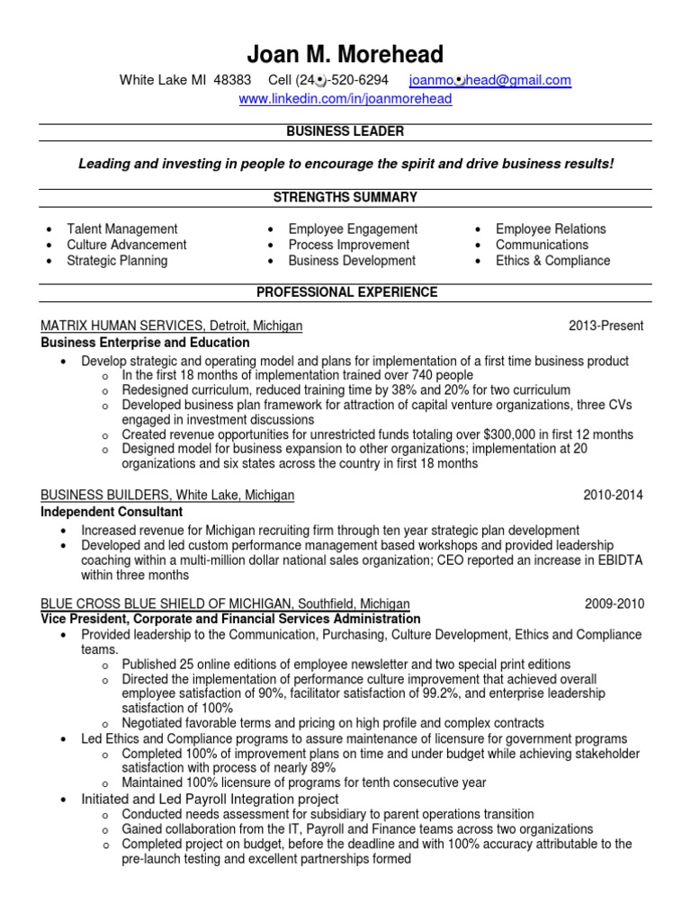 VP Human Resources CHRO in Southeast MI Resume Joan Morehead | PDF ...