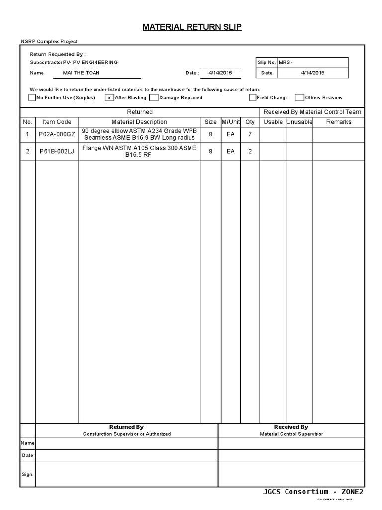 Format-MC007 - Material Return Slip | PDF
