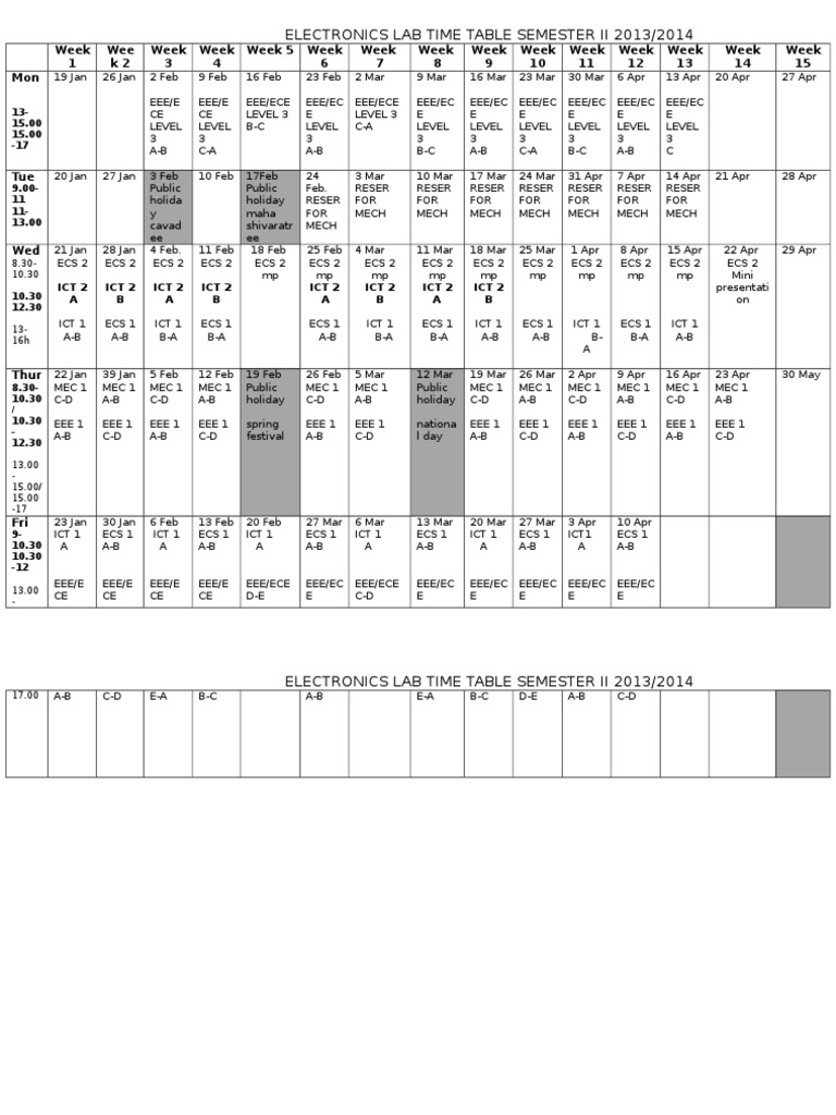 Electronics Lab Time Table Semester Ii 2013/2014 | PDF | Social Science | Foreign Language Studies