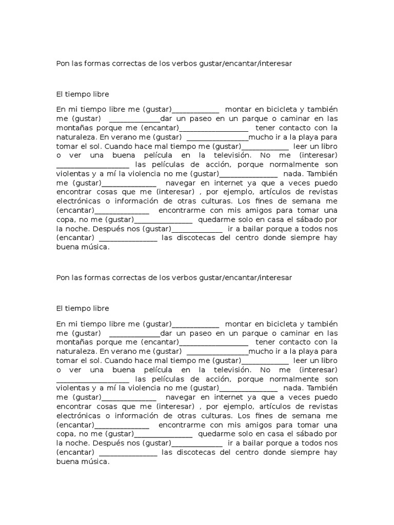 Verbos gustar, encantar e interesar en uso | PDF | Ocio