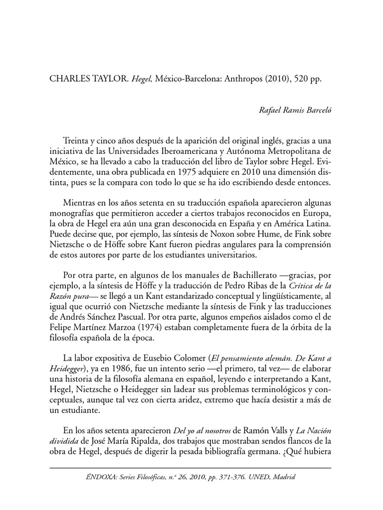 Charles Taylor | PDF | Georg Wilhelm Friedrich Hegel | Traducciones