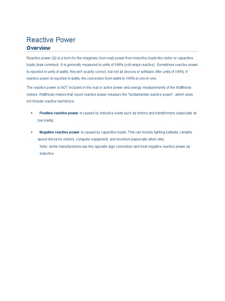 Reactive Power: Positive Reactive Power Is Caused by Inductive Loads ...