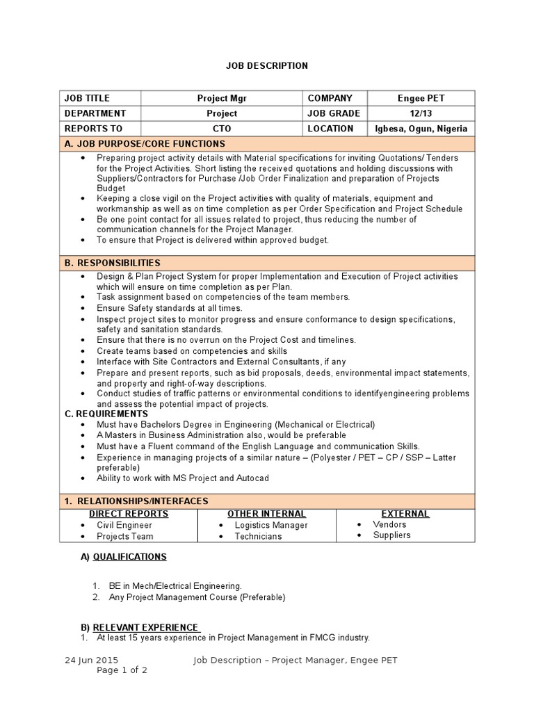 Jd -Project Manager | General Contractor | Competence (Human Resources)