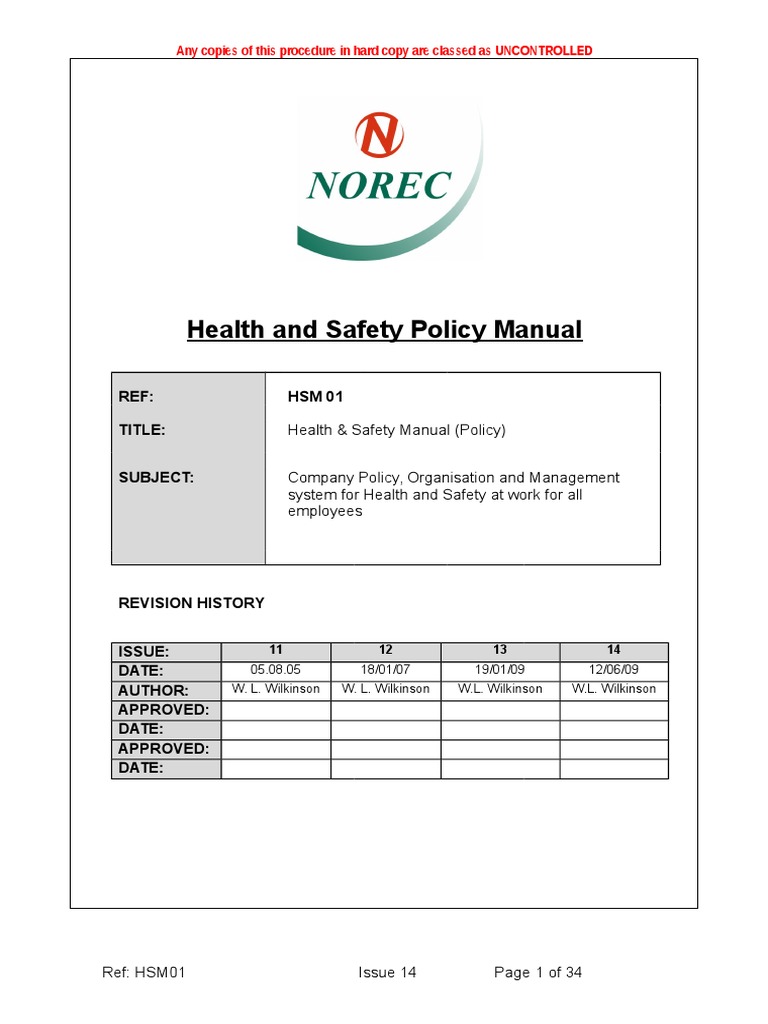 Health and Safety Policy Manual Issue 14 | PDF | Occupational Safety ...