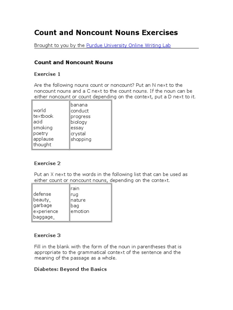 Count and Noncount Nouns Exercises | Noun | Cognitive Science