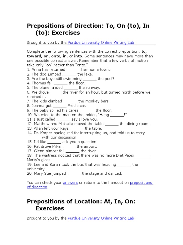 Prepositions Directions Worksheets