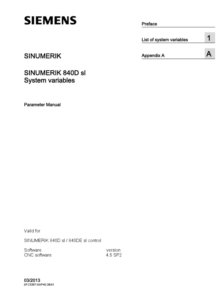 SINUMERIK 840D SL System Variables | PDF | Array Data Type | Documentation