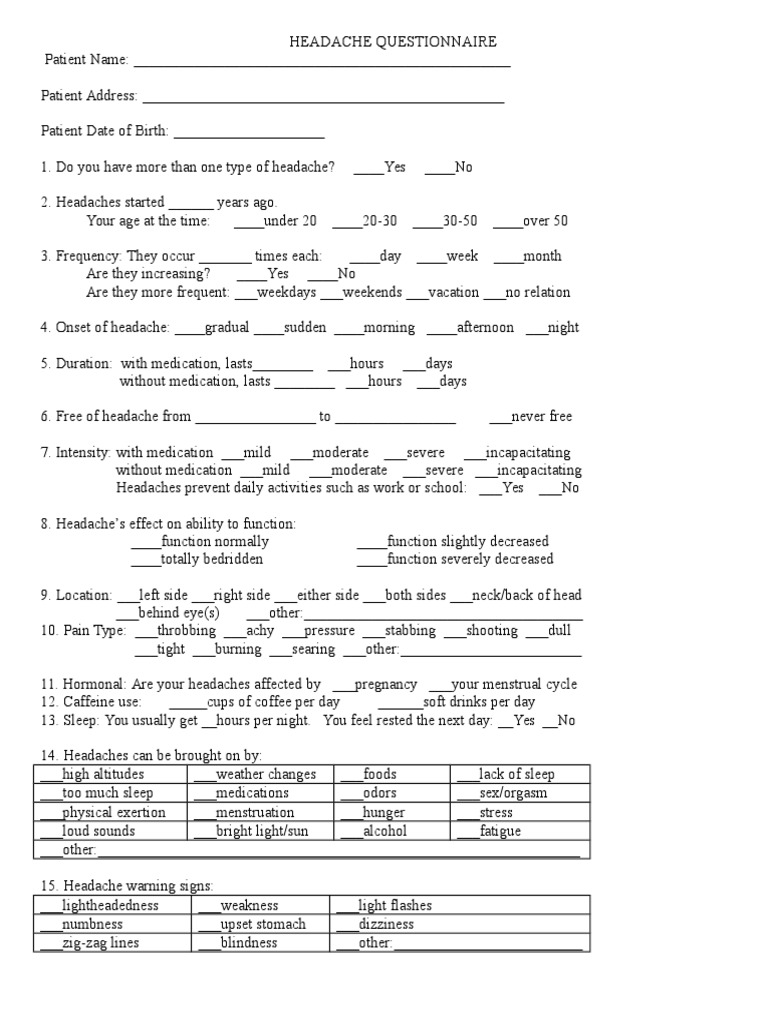 Del Neuro Headache Questionnaire | PDF | Headache | Sleep