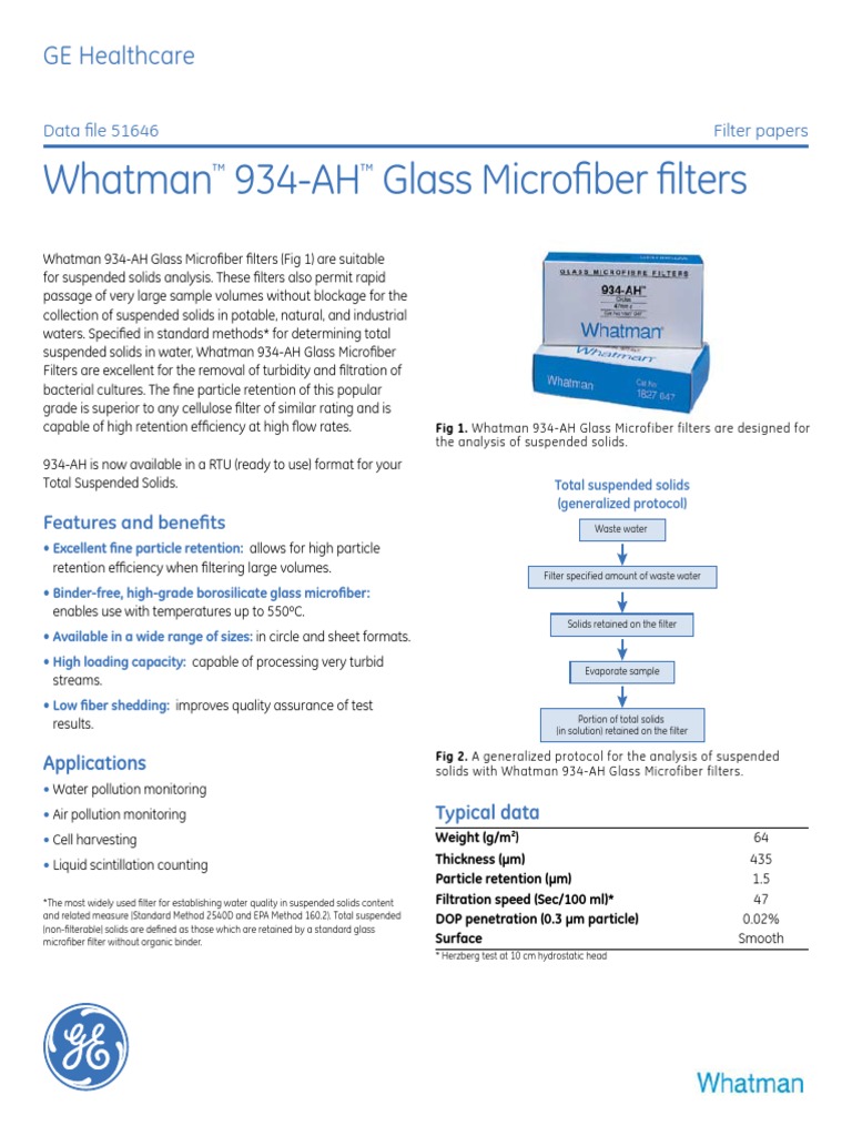 Whatman 934 Ah Glass Microfiber Filters Tech Sheet | PDF | Filtration ...