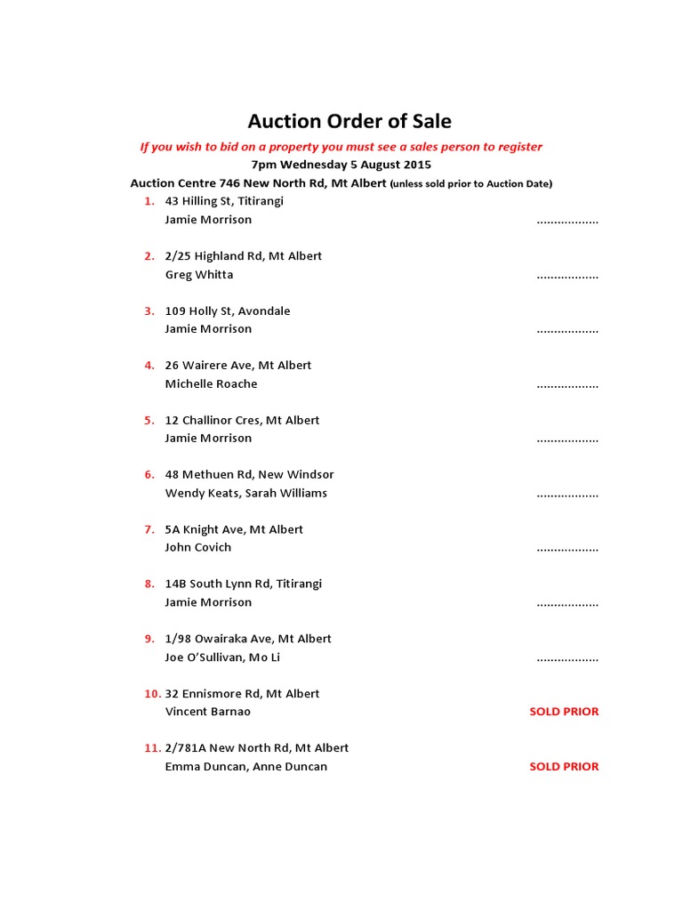 Auction Order 5 August 2015 | PDF