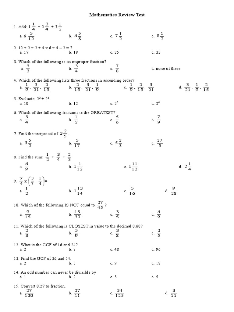 Civil Service Math Test 1 | PDF | Fraction (Mathematics) | Equations