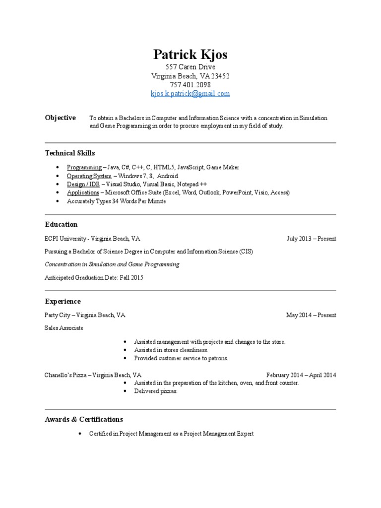 Patrick Kjos - Computer Science Resume | PDF