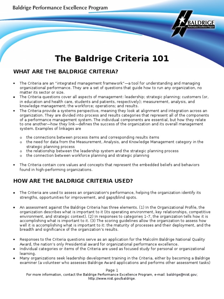 The Baldrige Criteria 101 | Strategic Planning | Quality Management ...