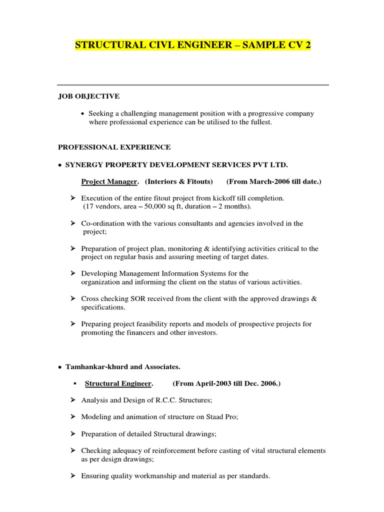 Structural Civil Engineer - Sample CV 2 | PDF | Construction Management ...