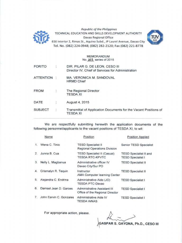 TESDA XI Job Application Memo | PDF