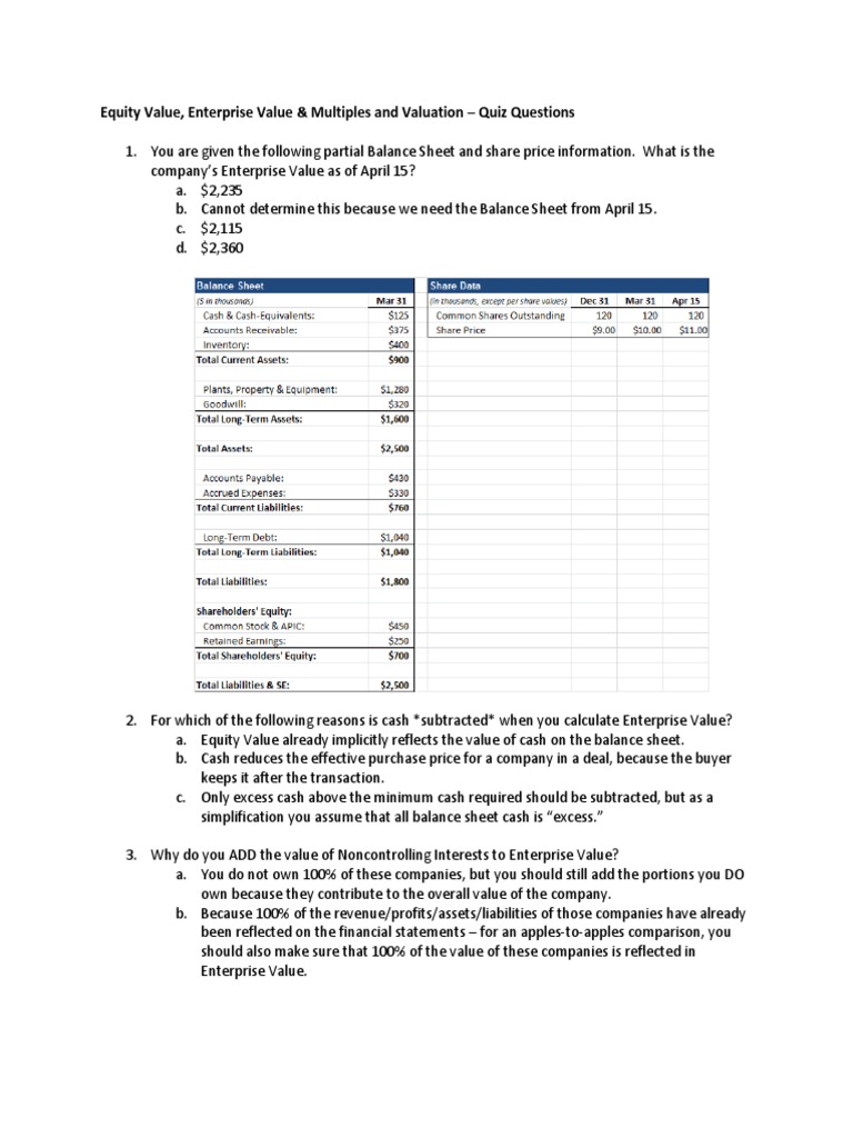 Valuation Quiz: EV, Equity, and Multiples | PDF | Free Cash Flow | Stocks