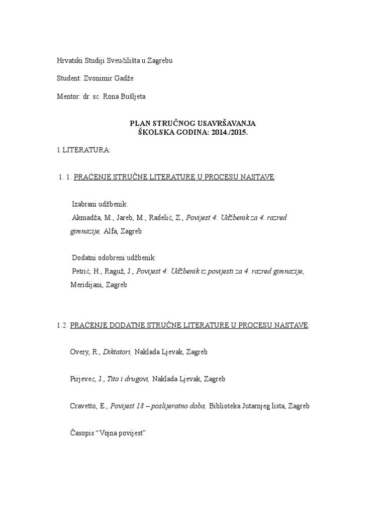 Plan Strucnog Usavrsavanja - Primjer | PDF