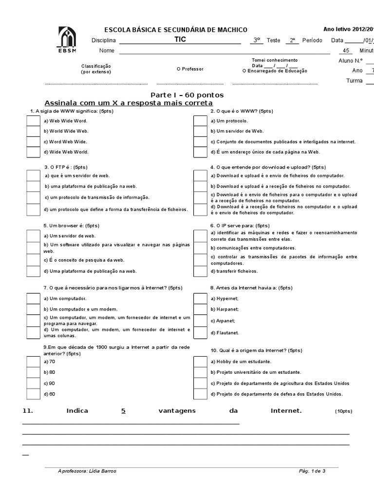 Teste de TIC para 7º Ano - Machico | PDF | Rede mundial de computadores ...