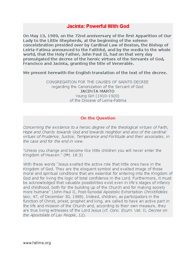 Jacinta Powerful With God | PDF | Our Lady Of Fátima | Catholic Church