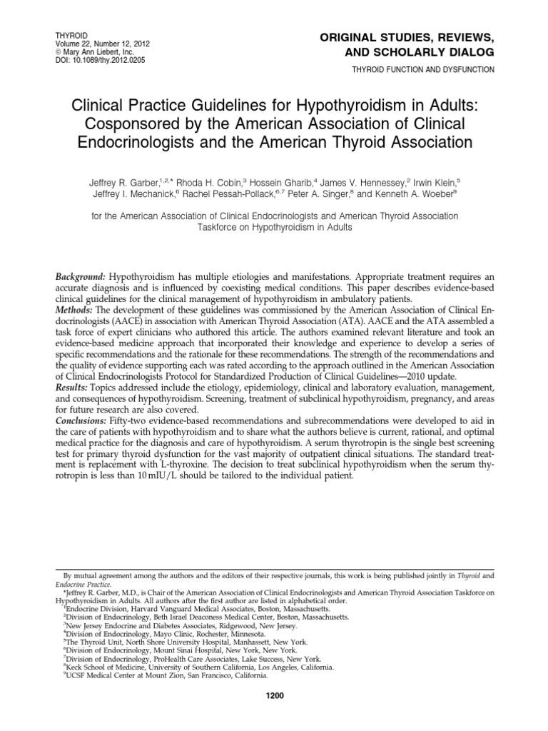 Guidelines For Hypothyroidism in Adults - ATA | PDF | Hypothyroidism ...