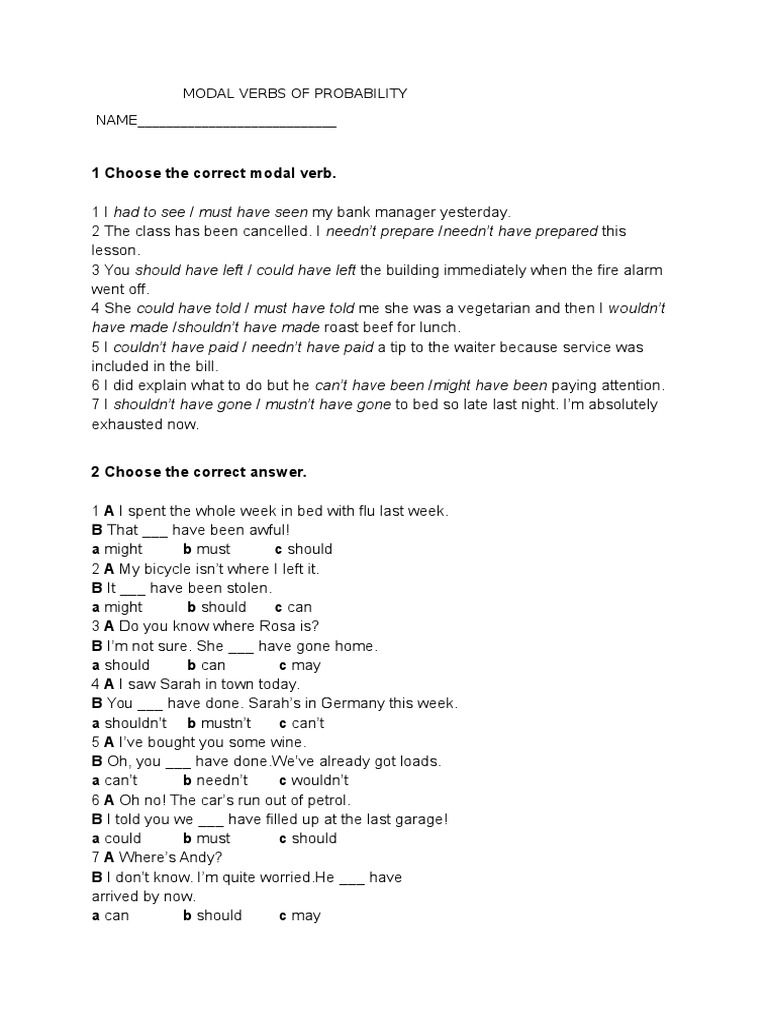 Modal Verbs of Probability Worksheet | PDF | Leisure