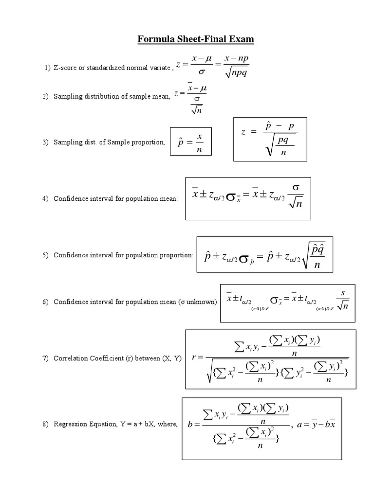 Formula Sheet-Final Exam | PDF | Teaching Methods & Materials