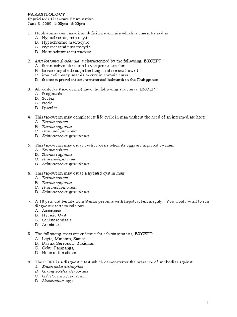 2009 Parasitology MCQs | PDF | Malaria | Plasmodium