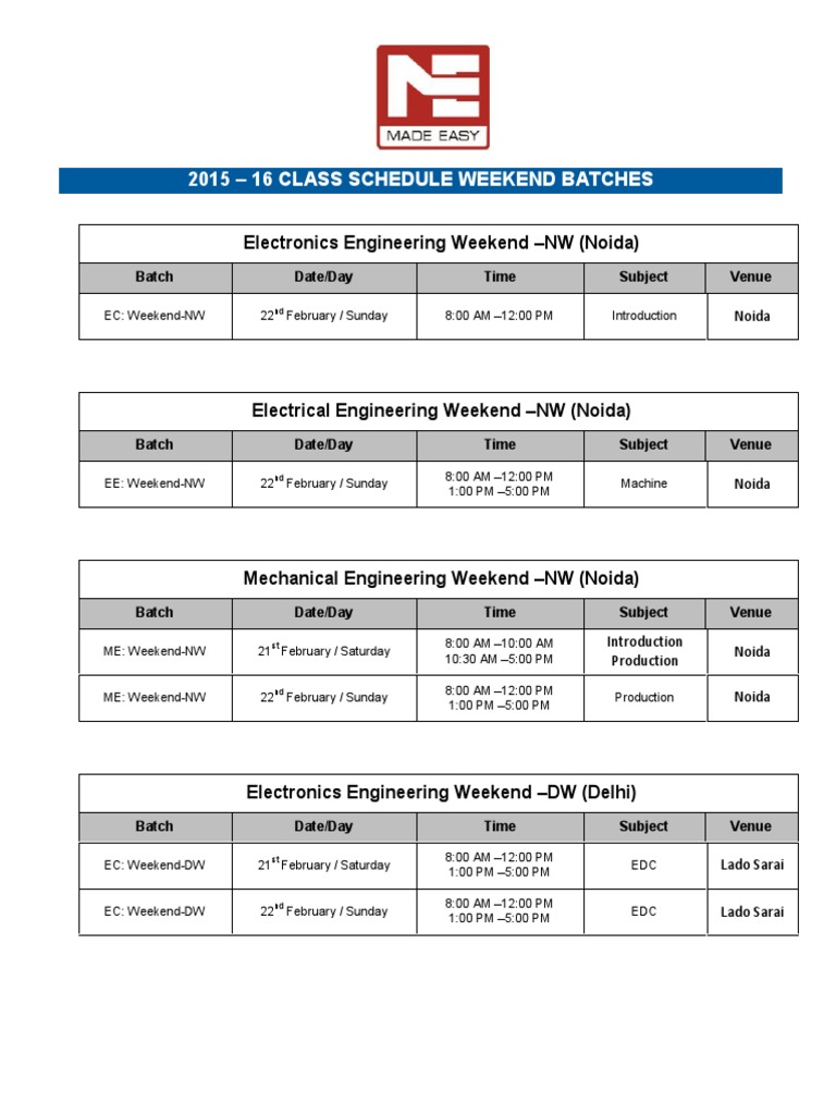 2015 Weekend Engineering Class Schedule | PDF