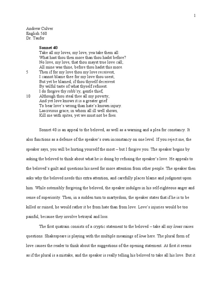 Sonnet 40 | PDF | Shakespeare's Sonnets | Love