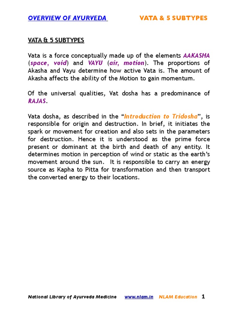 An In-Depth Exploration of Vata Dosha and its Five Subtypes | PDF ...