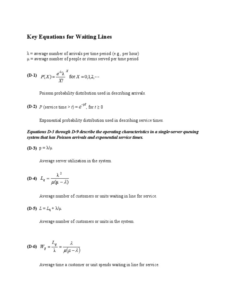 Key Equations For Waiting Lines | PDF | Poisson Distribution | Teaching ...