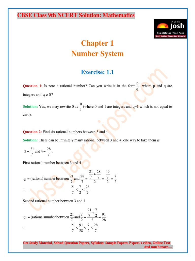 CBSE CBSE Class 9 NCERT Solution Mathematics Number System | PDF ...