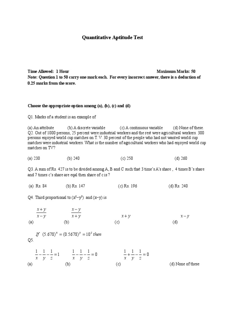 Quantitative Aptitude Test | PDF | Normal Distribution | Statistical ...