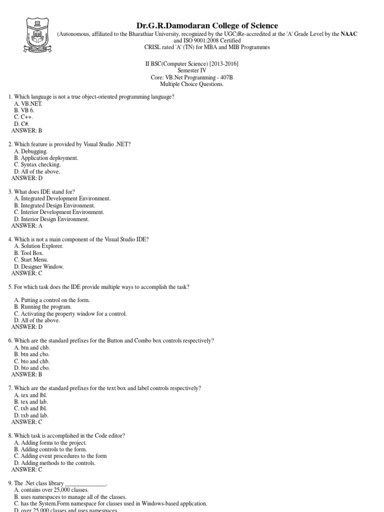 Multiple Choice Questions on VB.NET Programming Fundamentals and Visual ... Multiple Choice Questions on VB.NET Programming Fundamentals and Visual ...
