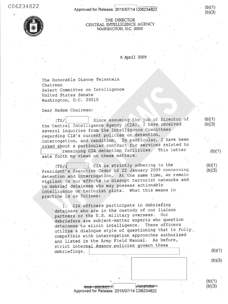 CIA Panetta Letter to Congress on Interrogation Policies