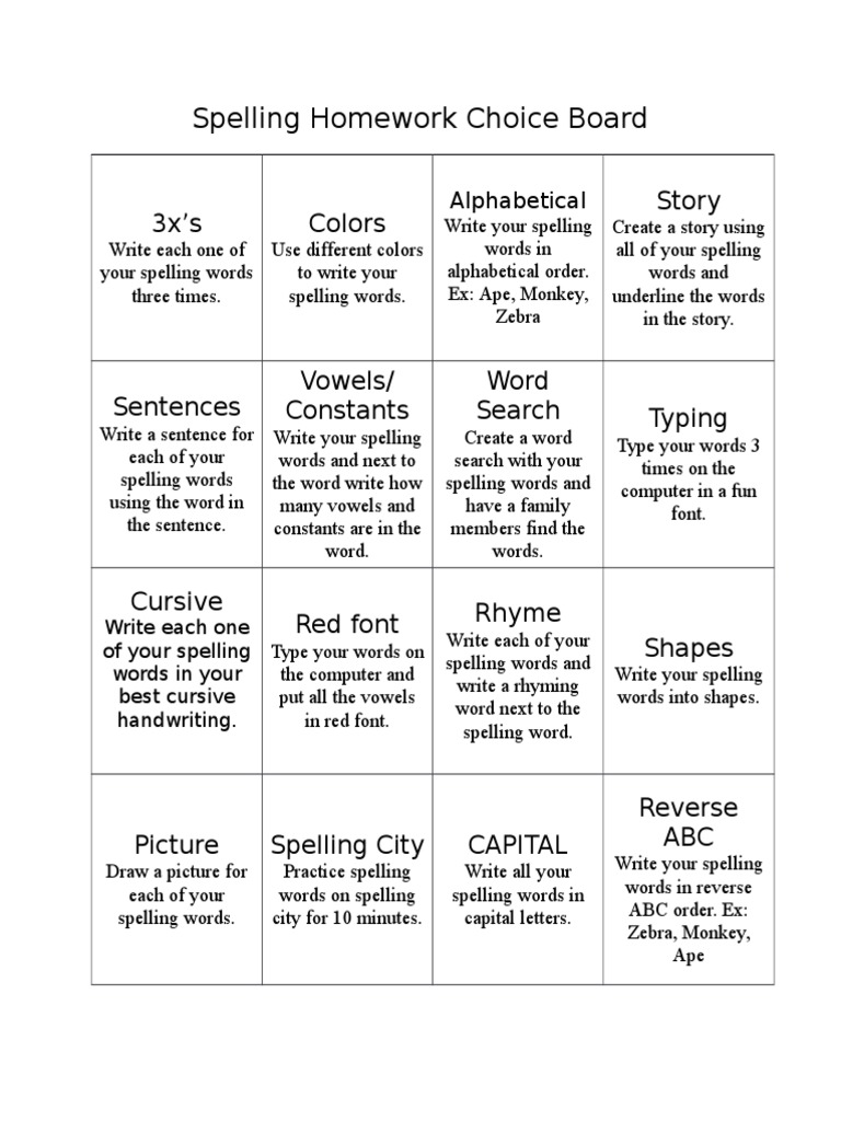 Spelling Homework Choice Board Activities | PDF | Language Arts ...