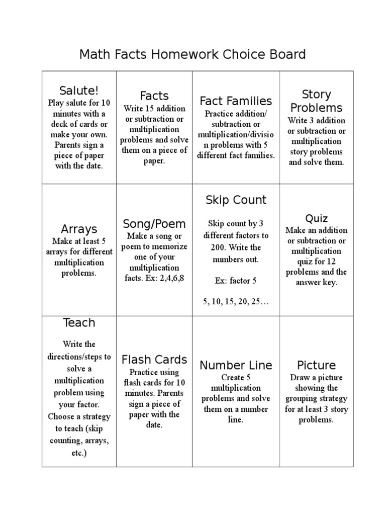 Math Choice Board | PDF | Language Arts & Discipline
