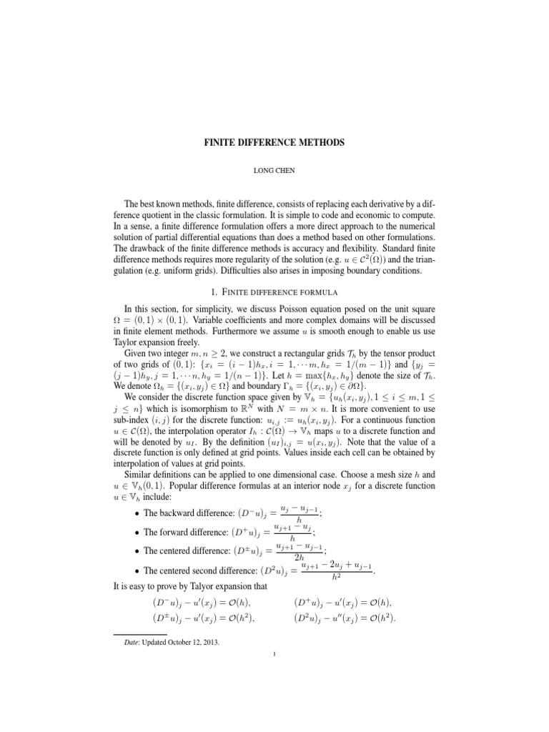 Finite Difference Methods by LONG CHEN | PDF | Finite Difference | Partial Differential Equation
