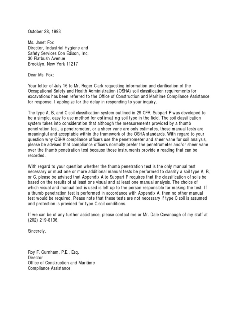 OSHA Letter of Interpretation Soil Testing | PDF