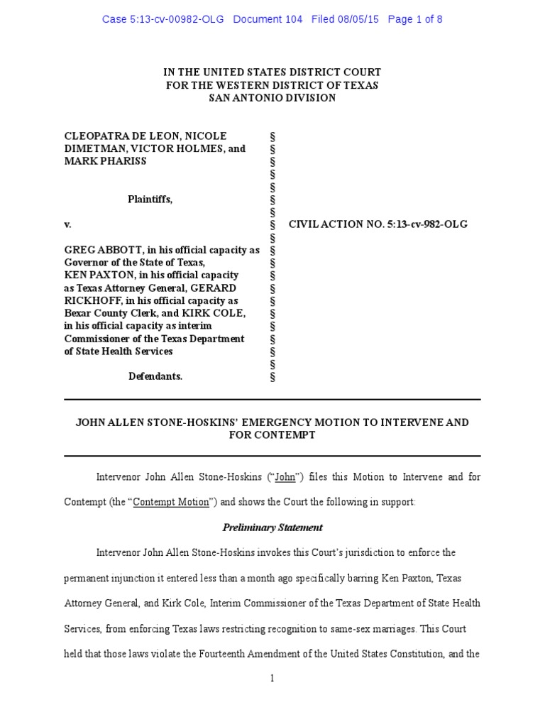 Hoskins Emergency Motion To Intervene and Contempt | PDF | Obergefell V ...