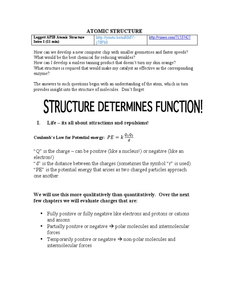 AP Chemistry Ch. 2 Notes - Leggett | PDF | Atoms | Electron