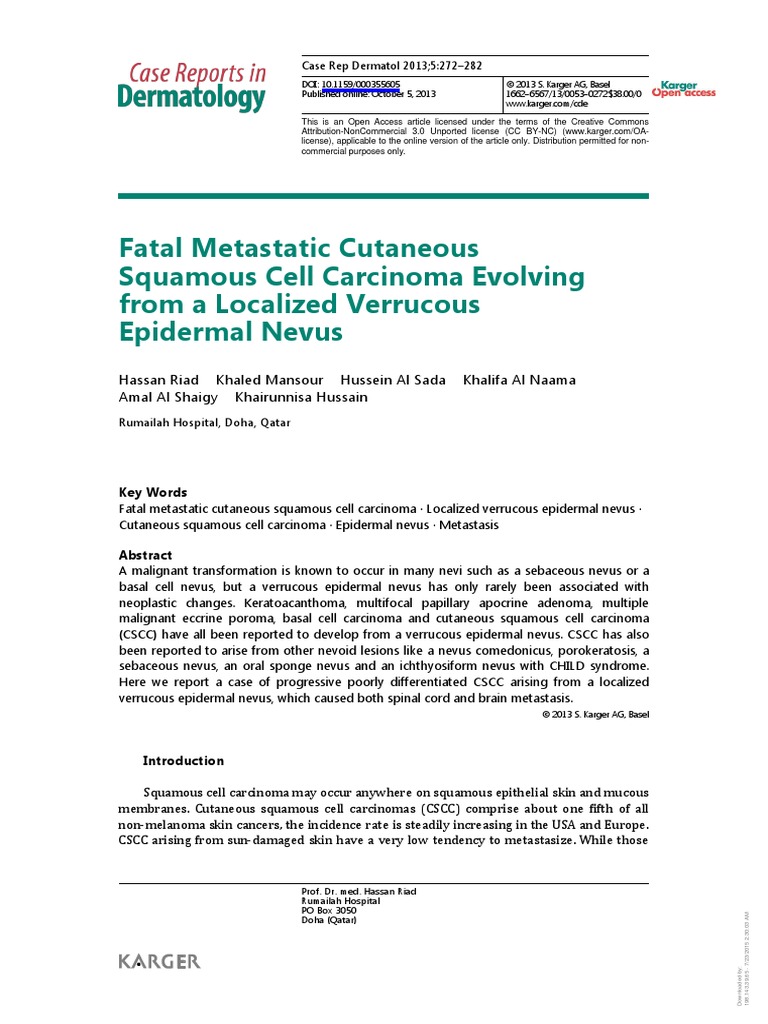 Fatal Metastatic Cutaneous Squamous Cell Carcinoma Evolving From A Localized Verrucous Epidermal ...