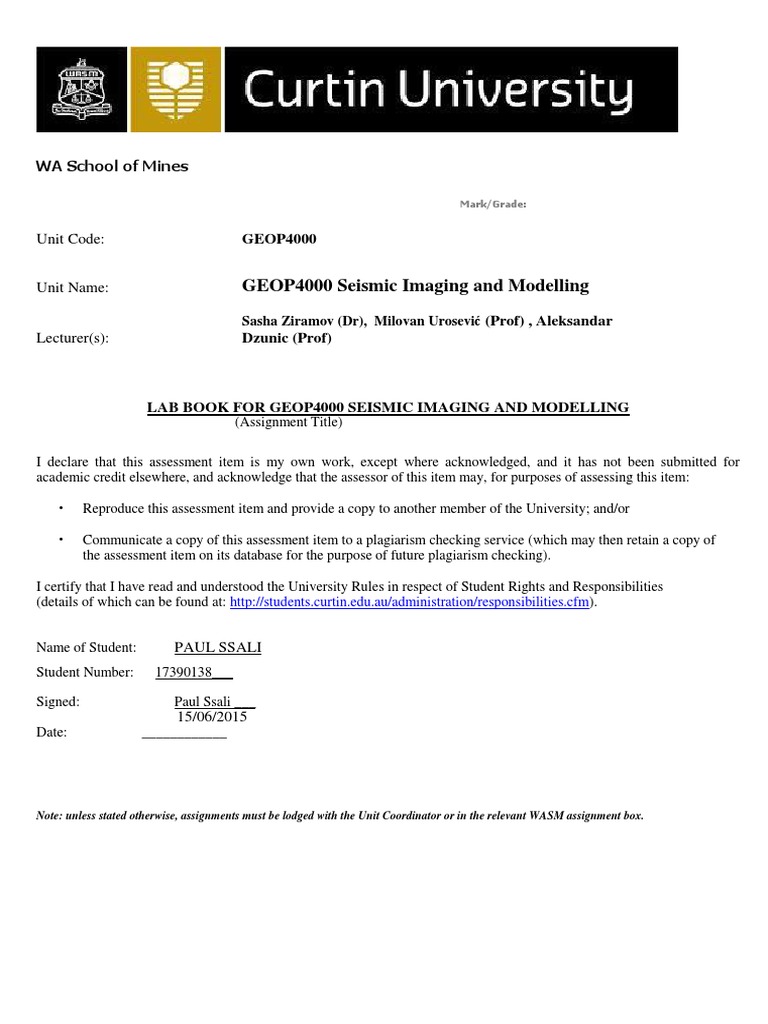 Lab Book Seismic Imaging And Modelling Paul Ssali 17390138 Submitted Pdf Pdf Parameter