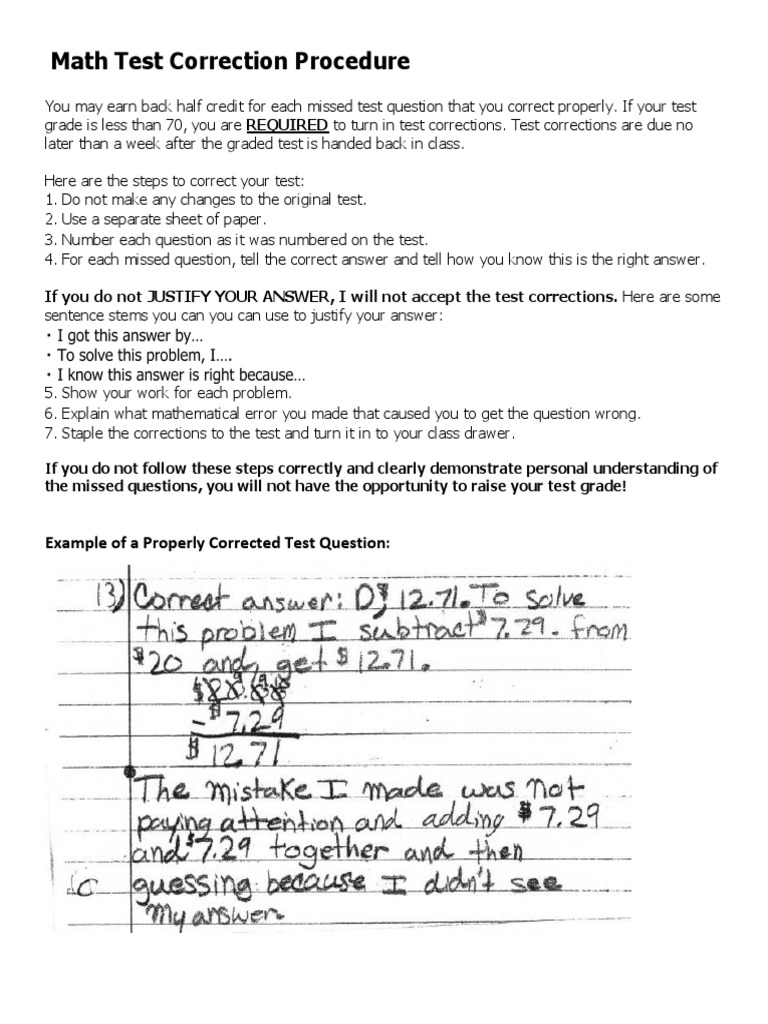 Math Test Correction Procedure | PDF